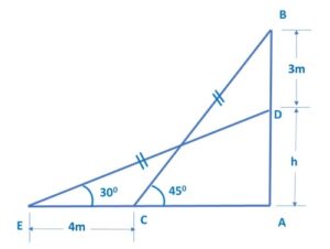 A ladder set against a wall at an angle 45° to the ground